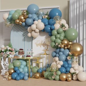 dusty blue sage green balloon garland arch kit with152pcs pastel fog blue beige gold confetti balloons for boho birthday wedding baby bridal shower party decorations (dusty blue)