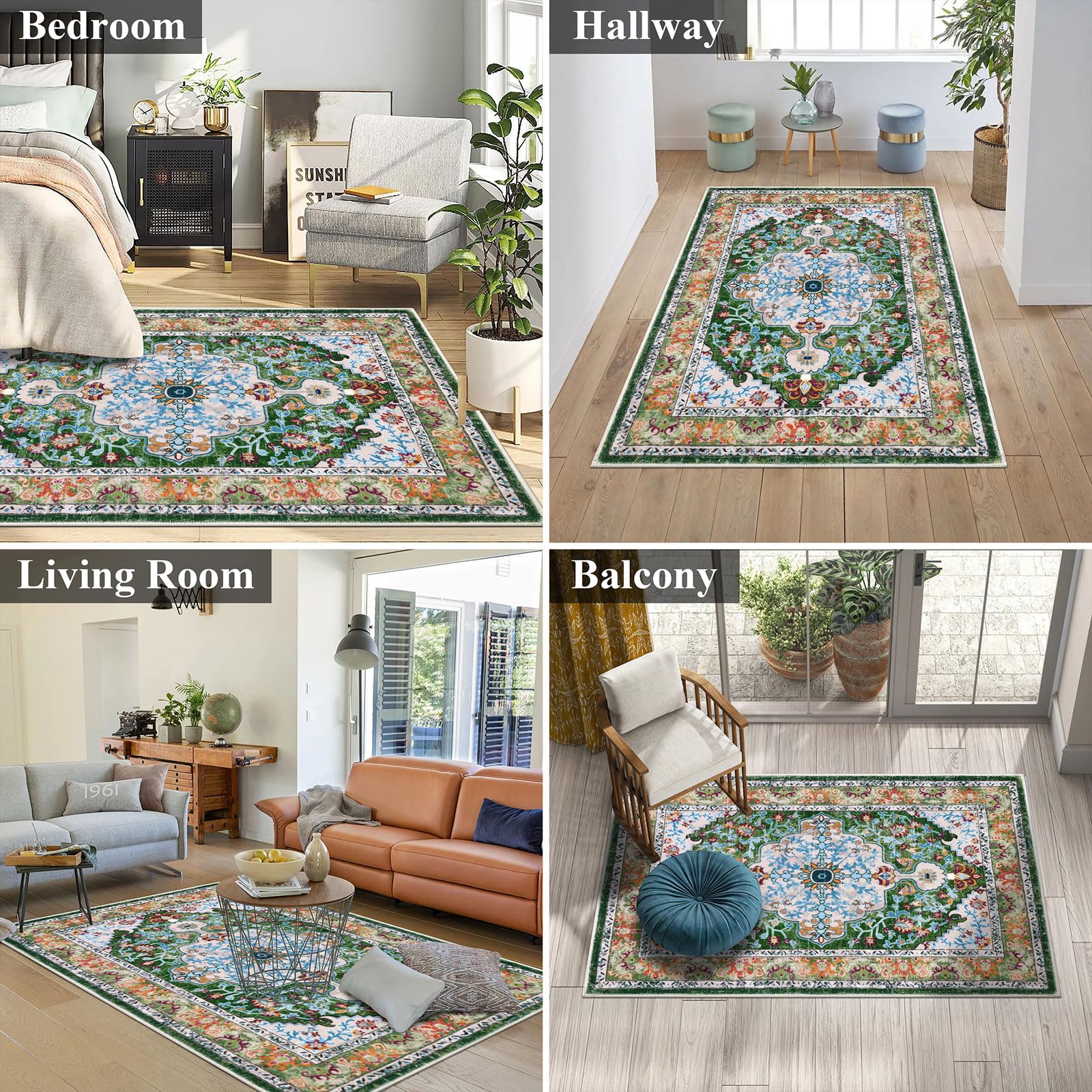 U'Artlines Boho Vintage Area Rug 3x5 Machine Washable Low Pile Soft Floor Carpet Non Slip Non Shedding Accent Rug for Living Room Bedroom Entryway Dining Room Office Green