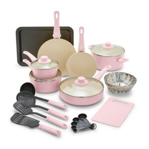 greenlife soft grip healthy ceramic nonstick 18 piece kitchen cookware pots and frying sauce saute pans set, pfas-free with kitchen utensils and lid, dishwasher safe, soft pink