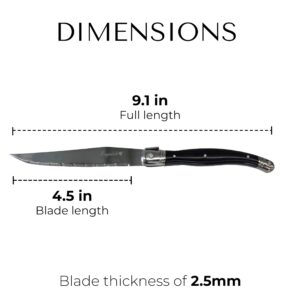 JS Gourmet Steak Knives Set of 4, Forged Stainless Steel, Serrated Steak Knife, Laguiole French Style with Crafted Black Handle, for Meats, Fish, Bread and Cheeses