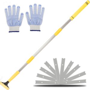 floor scraper long handle heavy duty, 31-61" floor scraper heavy duty scraper tool thickened steel tube with 4inch sharp blades 10pcs extra metal paint scraper ideal for cleaning.(1 yellow)