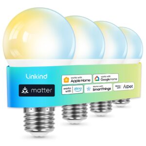 linkind matter smart light bulb, soft white to daylight tunable alexa light bulbs, smart bulbs work with apple home, alexa, google home, smartthings, 2.4ghz wi-fi led, a19 e26, 800lm, 60w (4-pack)