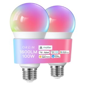 orein matter smart light bulb, 1600 lumens 100w equivalent smart light bulbs, color changing light bulbs work with apple home, alexa, google home, smartthings, a21 smart bulbs 2.4ghz wifi, 2pack