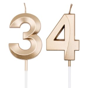 champagne gold 34th & 43rd birthday candles for cakes, number 34 43 candle cake cupcake topper for birthday anniversary party decoration