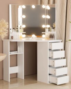 likein corner vanity, makeup vanity desk with lights, bedroom white vanity with lighted mirror, makeup table with drawers and mirror for women girls, 3 lighting modes brightness adjustable