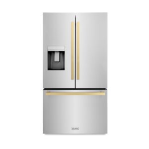 36 in. 28.9 cu. ft. standard-depth french door external water dispenser refrigerator with dual ice maker in fingerprint resistant stainless steel and champagne bronze modern handles (rsmz-w-36-fcb)