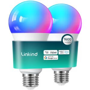 linkind smart light bulbs, 1600lm (100w equivalent) smart bulb, work with alexa & google home, rgbtw color changing bulb music sync, 2.4ghz wi-fi & bluetooth, led alexa light bulbs 14w, a21 e26, 2pack