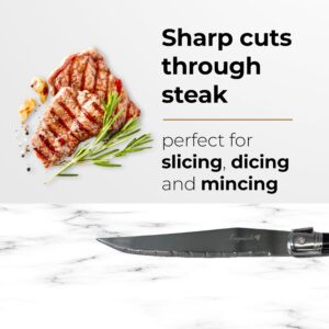 JS Gourmet Steak Knives Set of 4, Forged Stainless Steel, Serrated Steak Knife, Laguiole French Style with Crafted Black Handle, for Meats, Fish, Bread and Cheeses