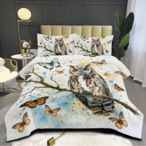 ccoutuechen owl bedding set queen size for girls boys kids 3d animal printed comforter set white blue butterfly bedding sets 3 piece soft microfiber down alternative comforter sets with 2 pillowcases