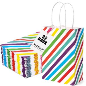 shindel 32pcs rainbow gift bags, colorful paper bags goodie bags with handles, 5.5"x2.8"x8" party favor bags for graduations, baby showers, birthdays and party supplies