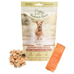 badlands ranch - superfood bite, freeze-dried raw dog treats - protein rich, train & reward, traceable single ingredient by katherine heigl (wild salmon)