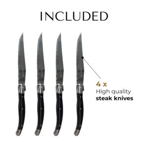 JS Gourmet Steak Knives Set of 4, Forged Stainless Steel, Serrated Steak Knife, Laguiole French Style with Crafted Black Handle, for Meats, Fish, Bread and Cheeses