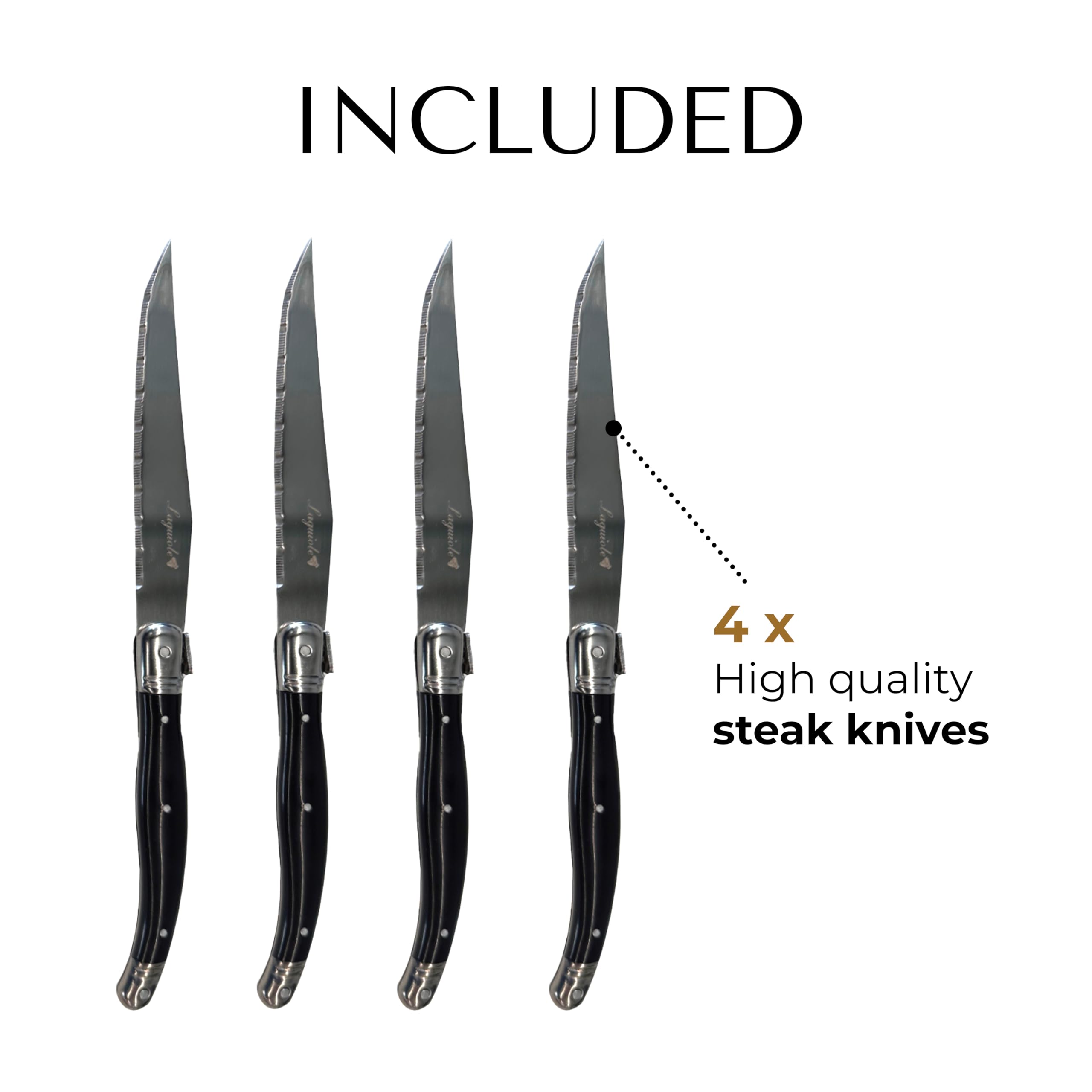 JS Gourmet Steak Knives Set of 4, Forged Stainless Steel, Serrated Steak Knife, Laguiole French Style with Crafted Black Handle, for Meats, Fish, Bread and Cheeses