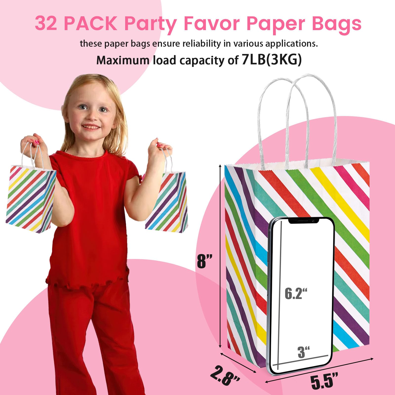 Shindel 32PCS Rainbow Gift Bags, Colorful Paper Bags Goodie Bags with Handles, 5.5"x2.8"x8" Party Favor Bags for Graduations, Baby Showers, Birthdays and Party Supplies