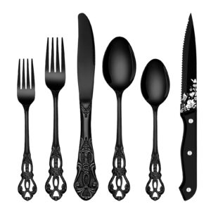 euirio 48 pieces royal black silverware set for 8, retro gorgeous flatware set with steak knives, premium stainless steel vintage cutlery set with forks spoons and knives, dishwasher safe