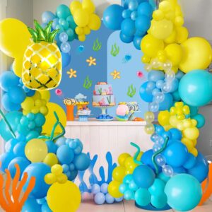 144pcs cartoon sponge balloons party decorations,sponge theme balloon garland arch kit, yellow blue clear balloon arch for cartoon sponge birthday baby shower party supplies (blue)