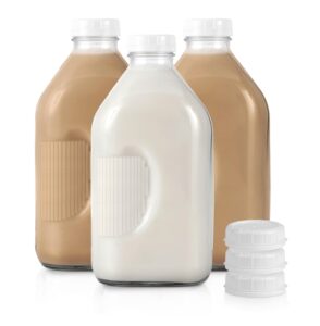 stock your home half gallon glass milk bottle with lid (3 pack) 64 oz jugs and 6 white caps, reusable food grade milk container for refrigerator, bottles for juice, oat or plant milks, water, honey