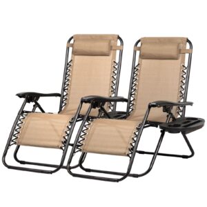 nazhura set of 2 relaxing recliners patio chairs adjustable steel mesh zero gravity lounge chair beach chairs with pillow and cup holder khaki (kahki)