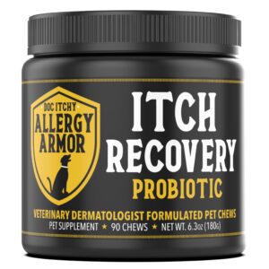 doc itchy: allergy armor itch recovery probiotic | dog chews | clinical-strength, medically researched | restore gut & skin health | effective for allergy & itch | food allergy safe | vegan | 90 count