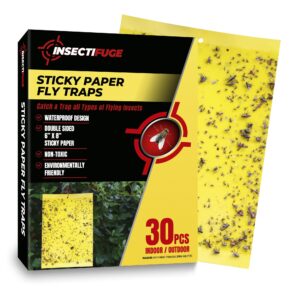 insectifuge 30pcs dual-sided yellow sticky traps for plant gnats - waterproof fly paper outdoor indoor for fungus gnat trap, fly tape outdoor for whiteflies, aphids, leafminers, fruit fly sticky traps