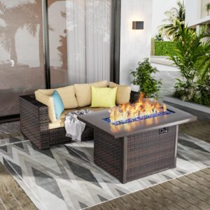 grezjxc 3 pieces outdoor sectional patio furniture set with fire pit table pe rattan wicker patio sectional conversation set with cushions beige