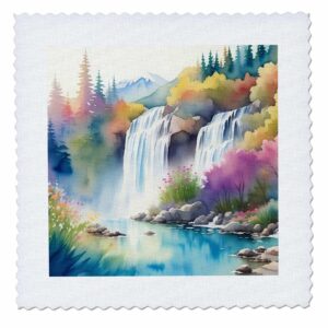 3drose pretty image of watercolor water falls forest background - quilt squares (qs-384192-5)