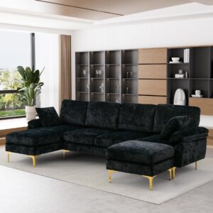 ouyessir u-shaped sectional sofa couch, 4 seat sofa set for living room, convertible l-shaped velvet couch set with chaise lounge, ottoman and pillows,114 inches (black)