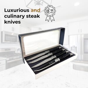 JS Gourmet Steak Knives Set of 4, Forged Stainless Steel, Serrated Steak Knife, Laguiole French Style with Crafted Black Handle, for Meats, Fish, Bread and Cheeses