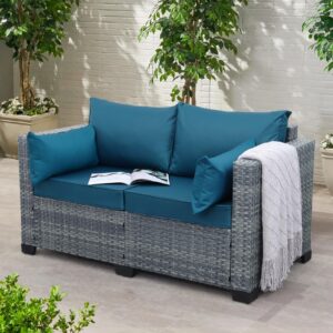 lviden outdoor patio loveseat sofa, 2-seater small couch, all weather wicker love seat furniture with peacock blue cushions, for backyard, garden, porch, deck, balcony