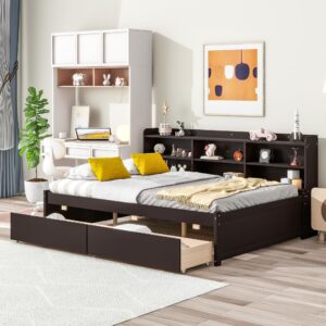 dainncn full size daybed with storage bookcases headboard,captains corner l-shaped bed with 2 drawers,no box spring needed for kids boys girls,espresso