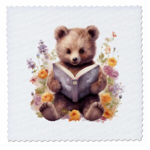 3drose cute floral bear reading a book illustration - quilt squares (qs-384100-2)