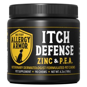 doc itchy: allergy armor itch defense dog pet chews | clinical-strength medical zinc + p.e.a. | vit e & rosemary extract | reduce itch & pain suffering | control allergy | food allergy safe | 90 count