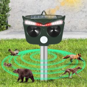 jahy2tech ultrasonic solar animal repeller outdoor animal repellent with motion sensor,6 frequency setting,loud deterrence sound,16 flashing lights,deer cat dog raccoon squirrel deterrent device