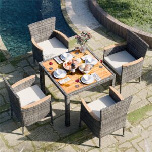 jamfly 5 pieces outdoor patio dining set, wicker patio furniture set with wood table and 4 chairs with soft cushions for yard, garden, porch and poolside (grey)