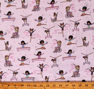 timeless treasures cotton gymnasts training gymnastics girls pink cotton fabric print by the yard (kidz-cd2508-pink), 44 inches