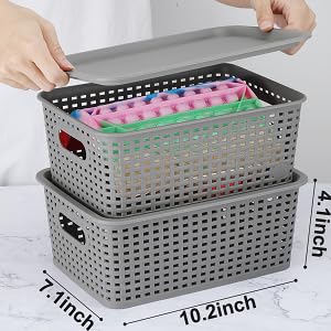 EOENVIVS Storage Bins with Lids 8 Packs Small Plastic Storage Basket Organizer Bins Pantry Organization and Storage Container for Organizing Shelves Desktop Closet Playroom Classroom Office, Grey