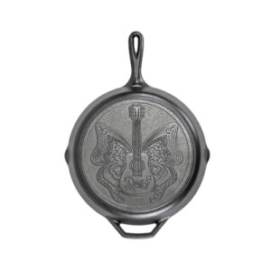 lodge 12 inch dolly parton pre-seasoned cast iron stamped skillet - signature teardrop handle - use in the oven, on the stove, on the grill, or over a campfire, black