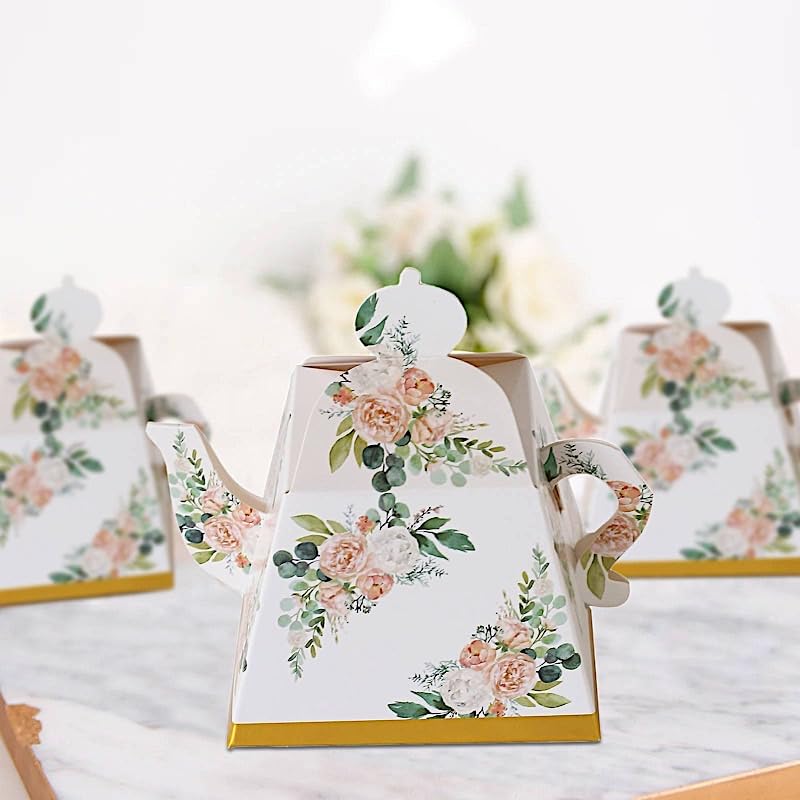 25 Gold Mini Teapot 4" Party Favor Boxes with Floral Print Wedding Birthday Party Events Baby Shower Decorations Supplies