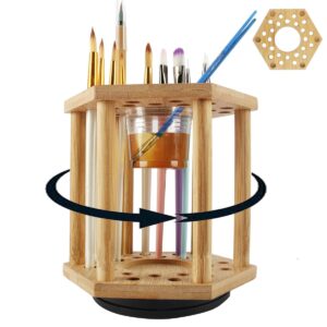 litaitai paint brush holder bamboo paint brush holder,rotating watercolor paint brush holder display stand and organizer with 24holes and 1 big hole for desk, arts and crafts (1pcs)