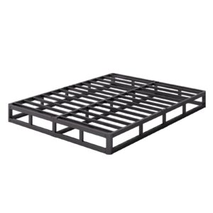 woozuro queen size bed frame, 5 inch low profile metal box spring with fabric bed cover, 2500lbs heavy duty steel structure mattress base, noise-free bed foundation, easy assembly, black