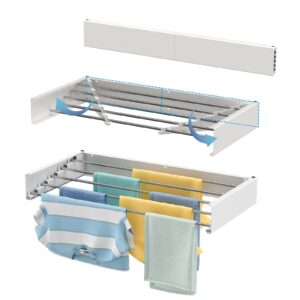 rove home space saving wall mounted clothes drying rack | retractable wall hanger towel holder | 5 aluminum rods, 40lb capacity for laundry bathroom with wall template (32 inches)