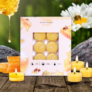 ashlux unscented beeswax tealight candles 20 pack, 4 hours long burning handmade yellow tea lights candles, clear cup smokeless beeswax candles for wedding, party, centerpiece & home decor