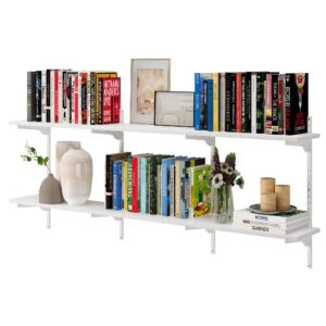 wallniture turin 60 inch x8 in floating shelves for wall decor, floating shelf system, wall book shelf for living room, wall shelves with adjustable standard rail bracket system, white, wood