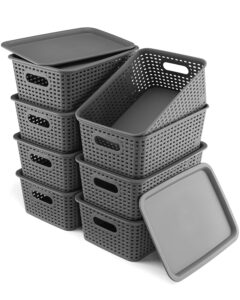 eoenvivs storage bins with lids 8 packs small plastic storage basket organizer bins pantry organization and storage container for organizing shelves desktop closet playroom classroom office, grey