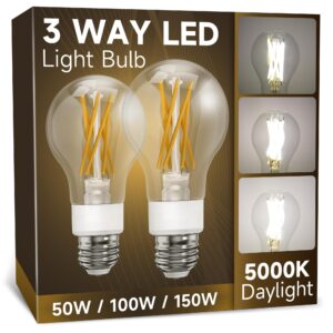 unilamp 3 way light bulbs 50 100 150w equivalent, daylight white 5000k, e26 led filament light bulbs, three way a19 led light bulb with 90+ cri, bright white light bulbs, classic clear glass, 2 pack