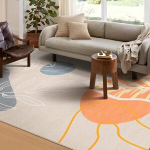 phantoscope 5'x7' illustration collection area rug, washable living room rug non-slip, low-pile abstract plant painting carpet for bedroom dining room office indoor outdoor printed rug, beige