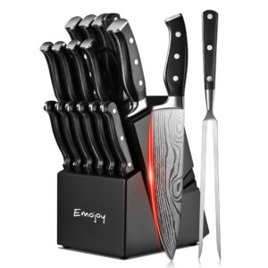 knife set, emojoy 18-piece knife sets for kitchen with block, stainless steel kitchen knives with built-in sharpener, kitchen shears and carving fork, black