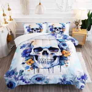 ailonen sugar skull comforter set full size, blue flower floral skull skeleton bedding set,watercolor skull quilt with 2 pillowcases,3 pieces bed in a bag for boys girls