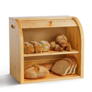 merysen 2 tier bamboo bread box for kitchen countertop–bread storage holder, large capacity bread storage container, with removable layer for home storage and display (self-assembly)