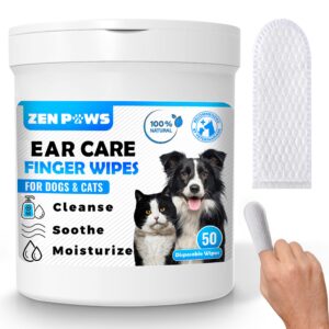 zenpaws dogs & cats ear cleaner finger wipes - relieve ear itching & inflammation - reduce dirt, odor and wax build - natural ingredients - sooths & deodorizes – 50 count